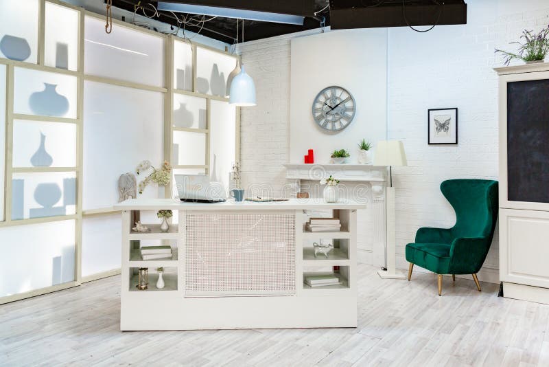 Modern White Studio. with a Light Stand in the Middle, with a Special ...