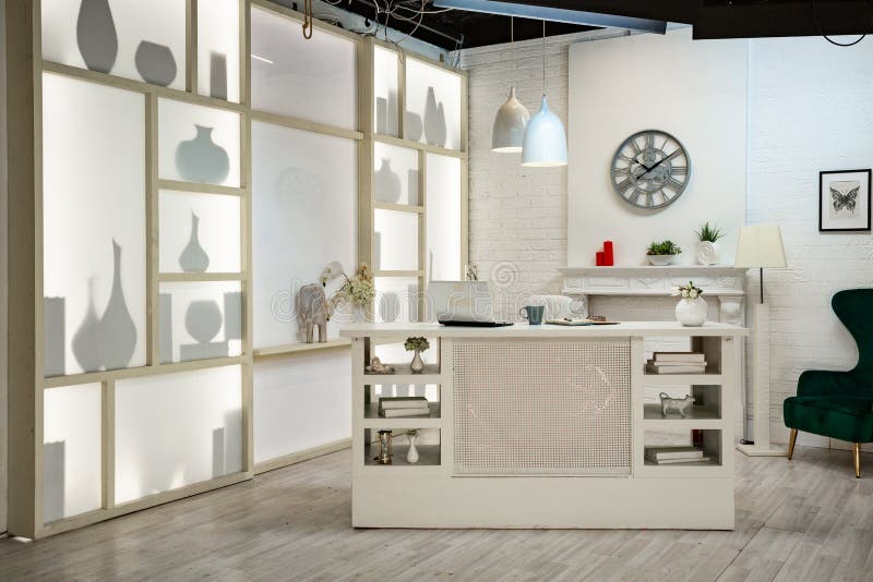 Modern White Studio. with a Light Stand in the Middle, with a Special ...