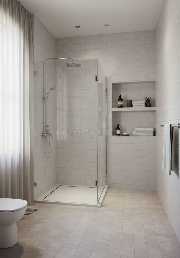 Modern White Tiled Bathroom with Glass Shower Enclosure Stock ...