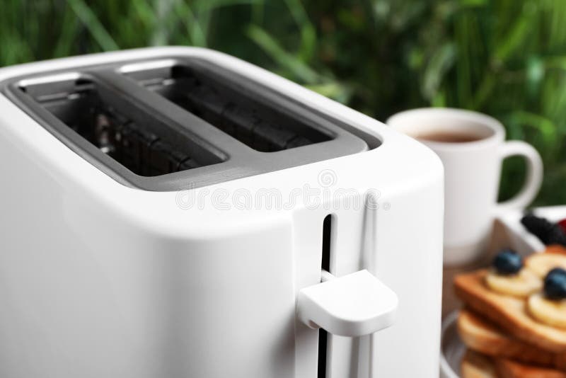 Modern White Toaster and Breakfast, Closeup View Stock Image - Image of ...