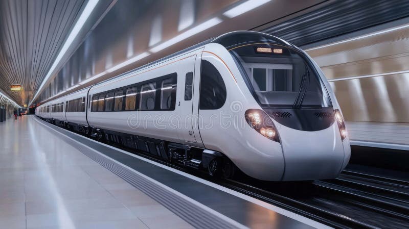 Modern White Train Speeding through a Tunnel Stock Illustration ...