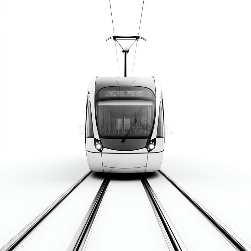 Modern White Tram on Tracks Isolated on White Background Stock ...