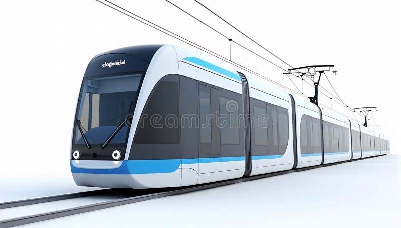 Modern White Tram on Tracks with Overhead Power Lines Stock ...
