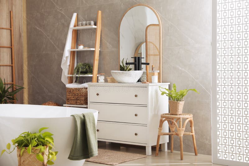 Modern White Tub and Chest of Drawers with Sink in Bathroom. Interior ...