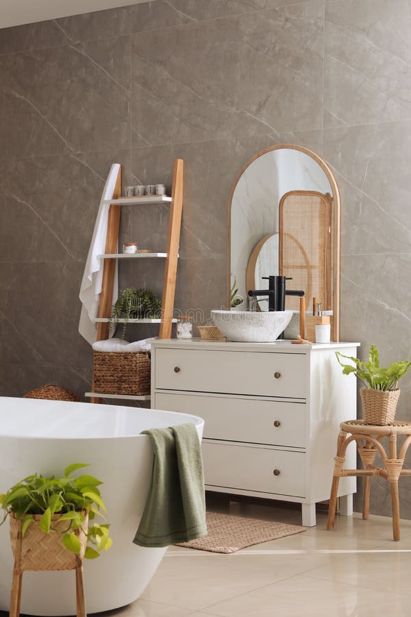 Modern White Tub and Chest of Drawers with Sink in Bathroom. Interior ...