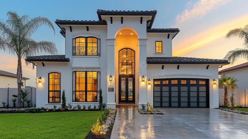 Modern White Two Story House with Black Accents at Sunset Stock Image ...