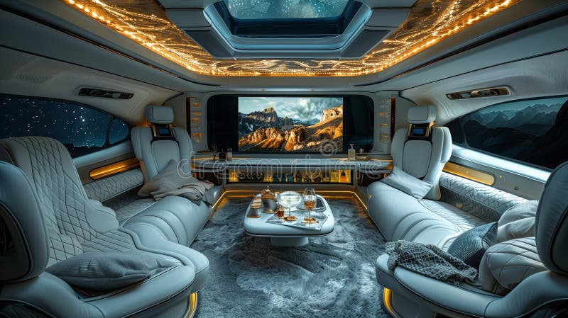 Luxurious White Interior of a Modern Van with a Large Screen and a ...