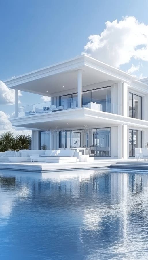 Modern White Villa, Infinity Pool, and Blue Sky Reflection 3D Rendering ...