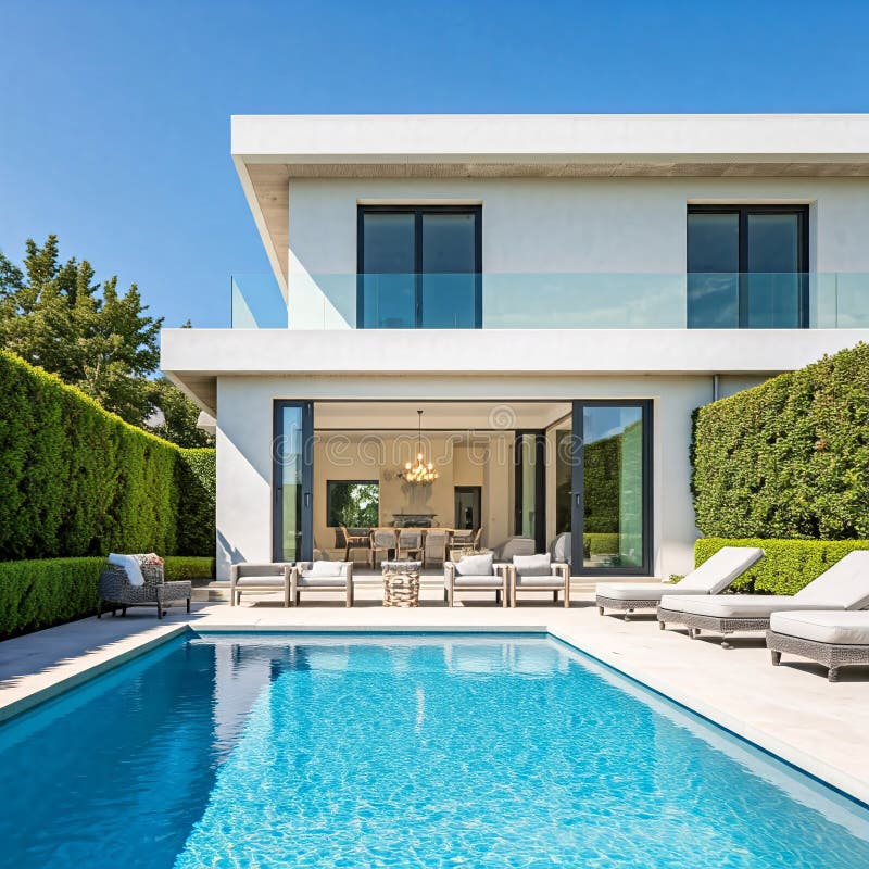 Modern White Villa with Pool Under Blue Sky Stock Illustration ...
