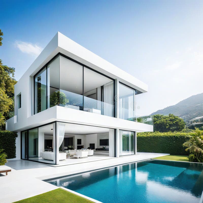 Modern White Villwith Large Stock Illustration - Illustration of ...