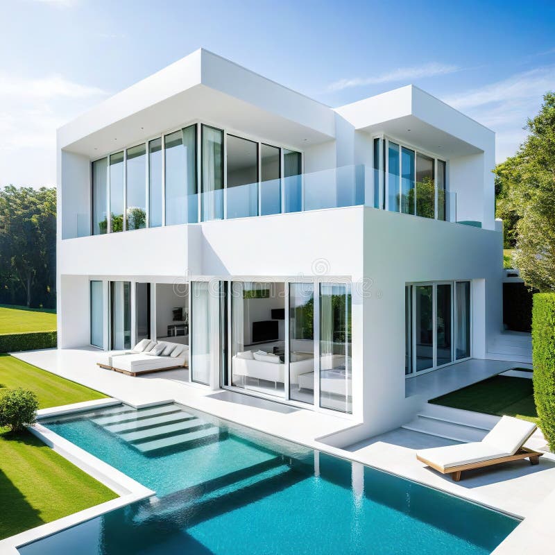 Modern White Villwith Large Stock Illustration - Illustration of ...