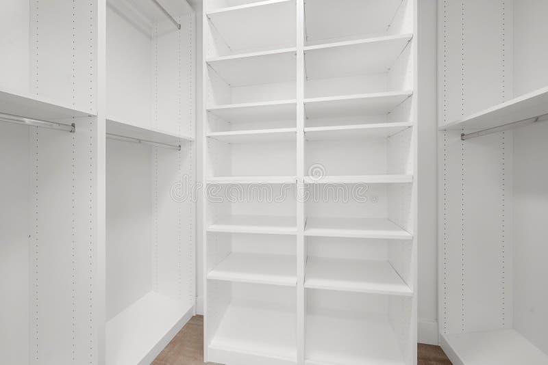 Modern White Walk-in Closet with Empty Shelves. Stock Image - Image of ...