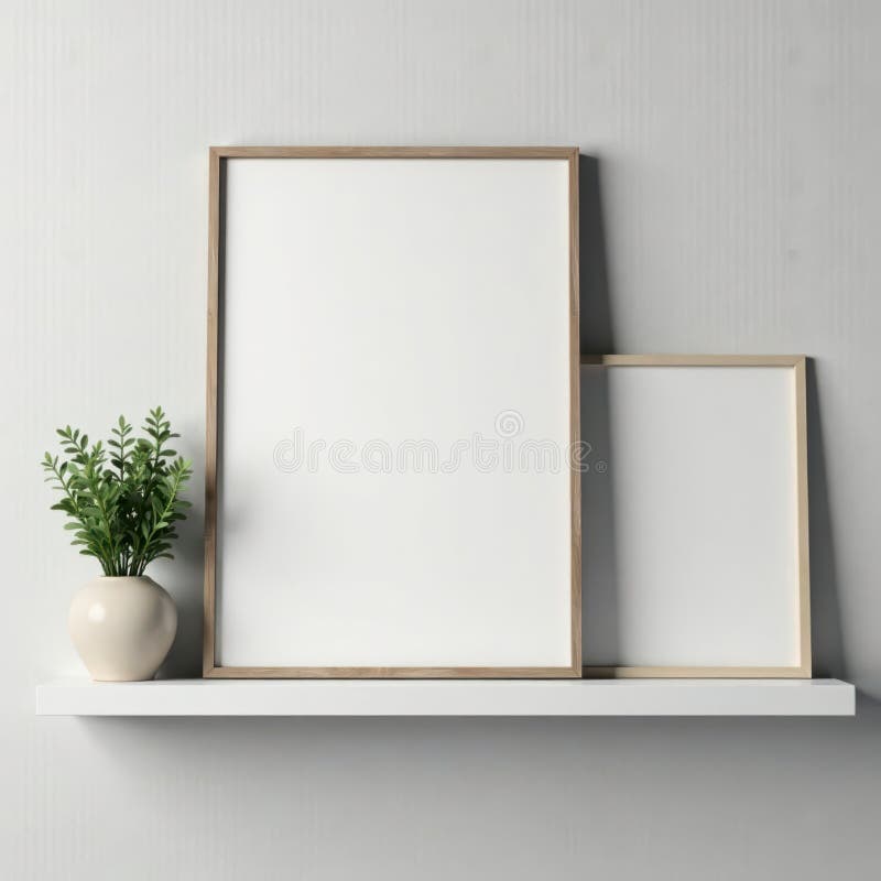 Modern White Wall Shelf Displays Several Empty Picture Frames , Empty ...