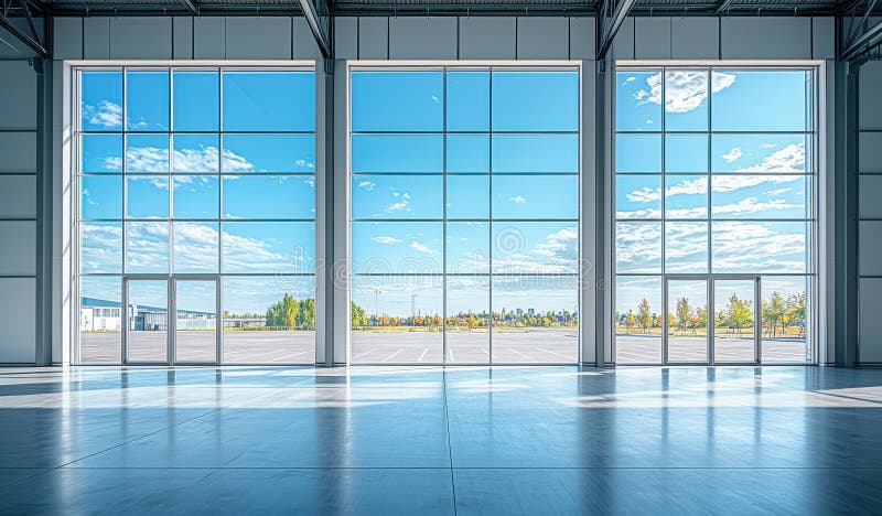 Modern White Warehouse Exterior with Large Glass Windows and Parking ...