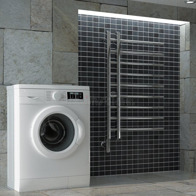 Modern White Washing Machine in Bathroom Interior. 3d Rendering Stock ...