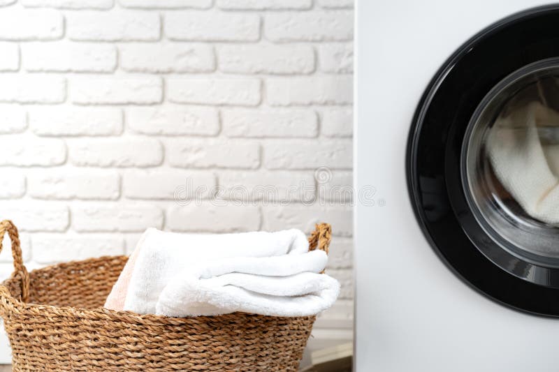 Modern White Washing Machine in a Laundry Room Close Up Stock Photo ...