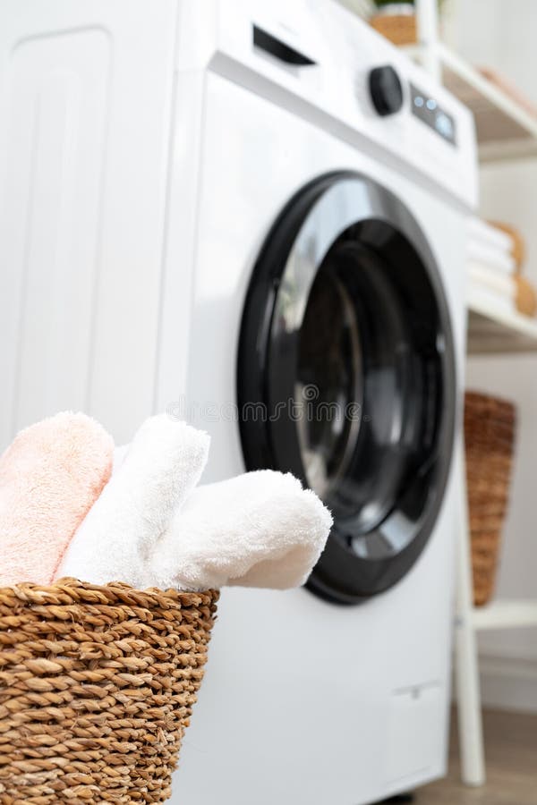 Modern White Washing Machine in a Laundry Room Close Up Stock Image ...