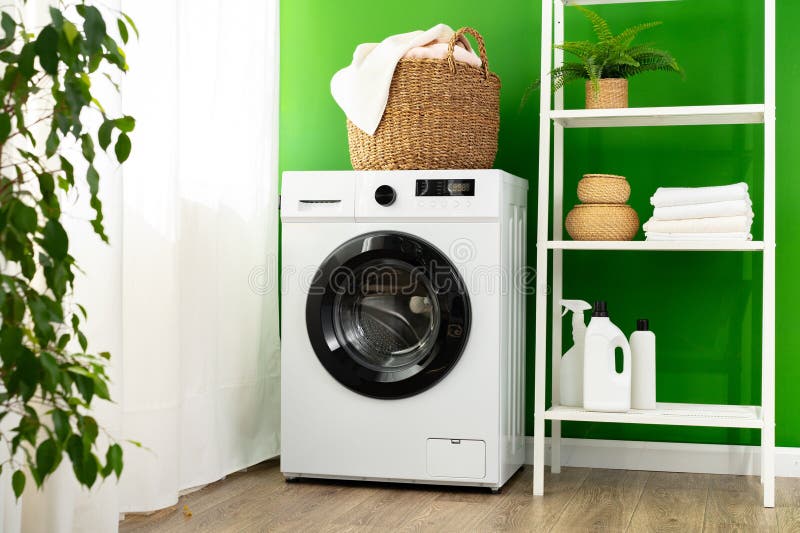 Modern White Washing Machine in a Laundry Room Close Up Stock Photo ...