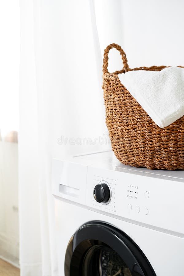Modern White Washing Machine in a Laundry Room Close Up Stock Image ...