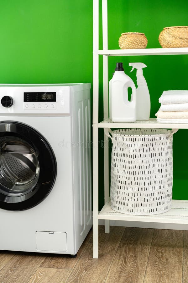 Modern White Washing Machine in a Laundry Room Close Up Stock Photo ...