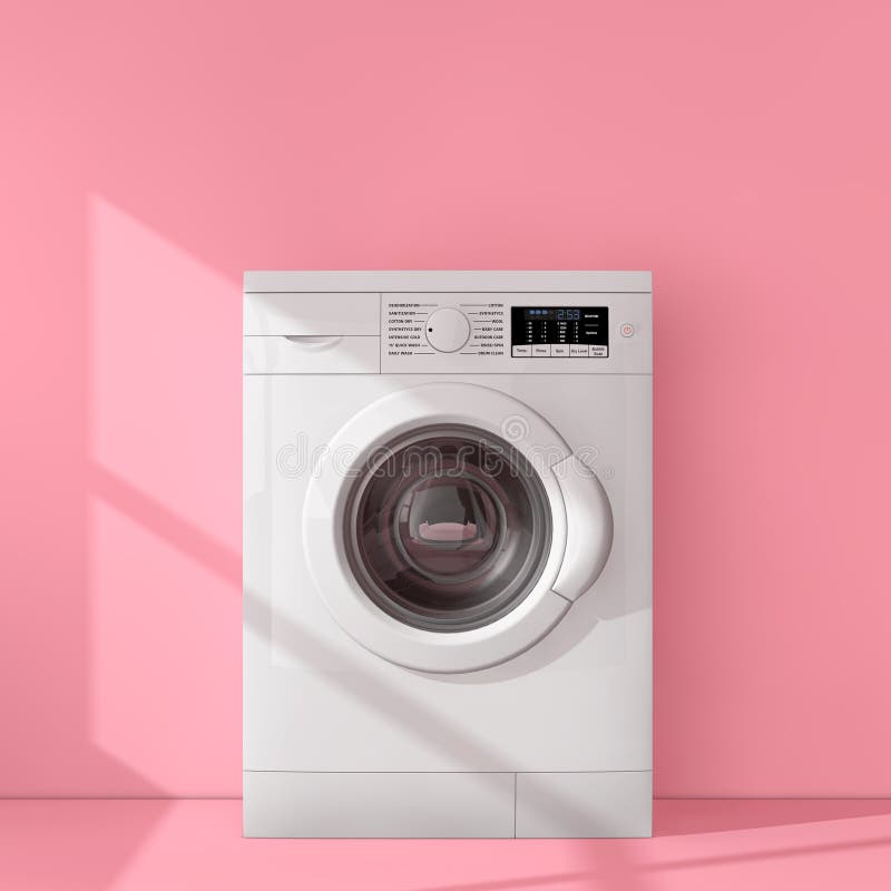 Modern White Washing Machine in Pink Room. 3d Rendering Stock ...