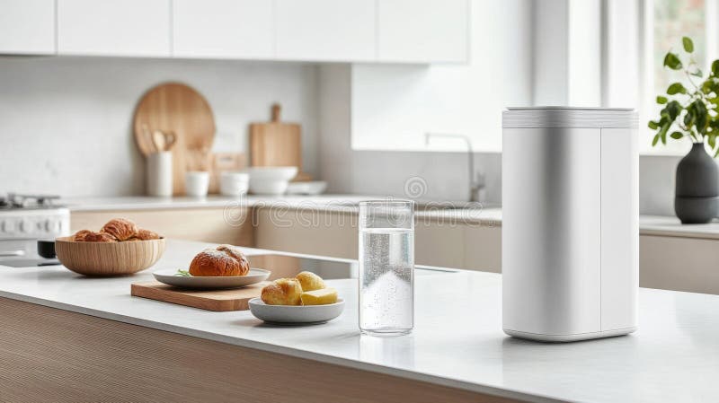 Modern White Water Filter on Kitchen Countertop with Food and Drink ...