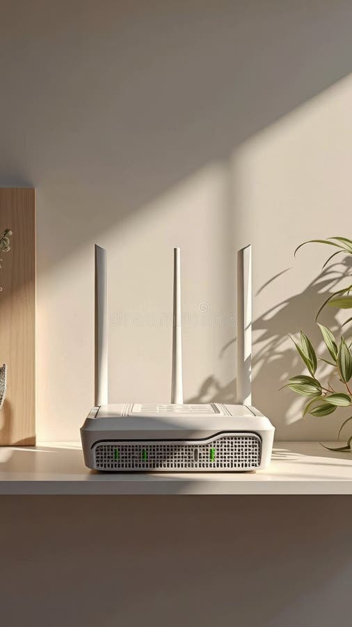 Modern White Wireless Router with Antennas on Shelf in Bright Sunlit ...