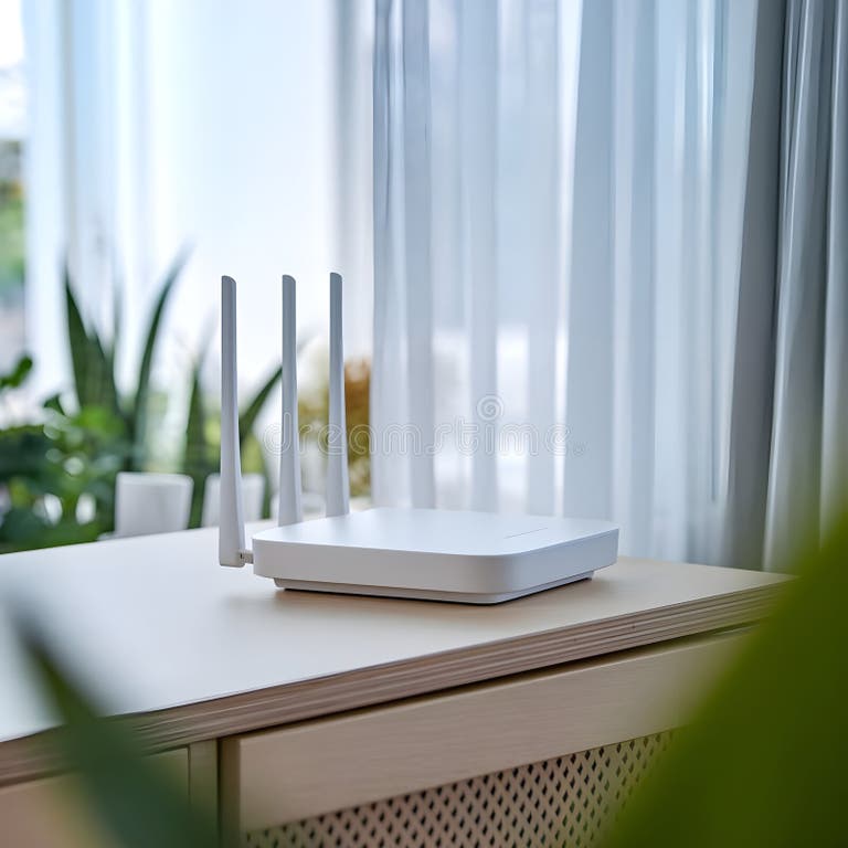 Modern White Wireless Router on Table with Window and Curtains in ...