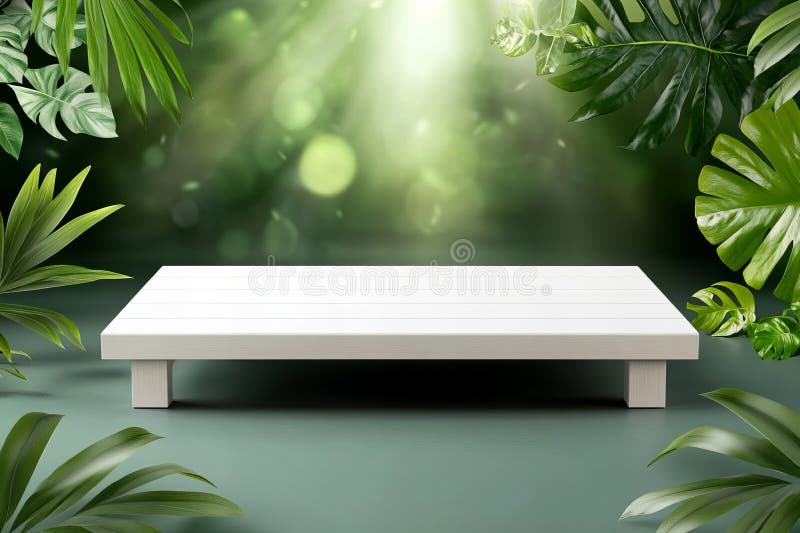 Modern White Wooden Platform Amidst Lush Tropical Greenery in Sunlit ...