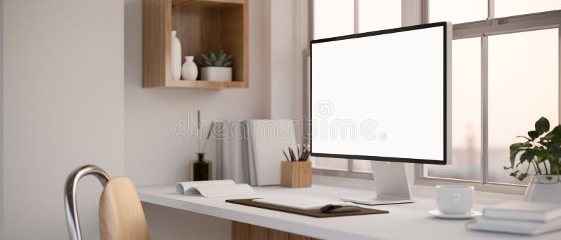 Modern White Working Space with PC Computer White Screen Mockup and ...