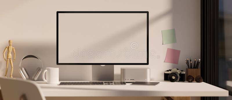 Modern White Workspace Computer Desk with Pc Computer Against White ...