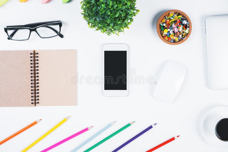 Modern White Workspace with Objects Stock Image - Image of colorful ...