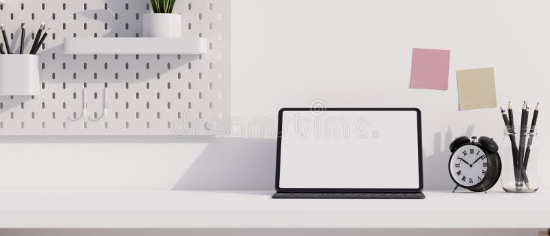 Modern White Workspace with Portable Tablet Touchpad on White Tabletop ...