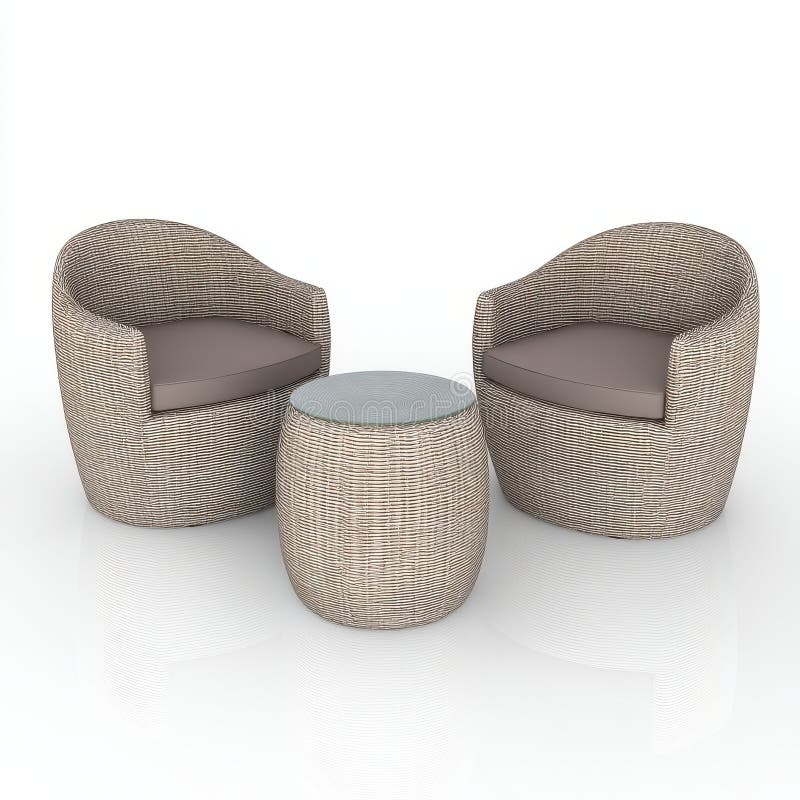 Modern Wicker Patio Conversation Set with Two Armchairs and Round Table ...
