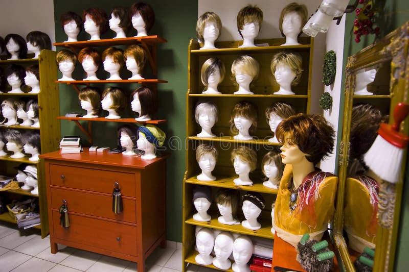 Modern wigs in a shop stock image. Image of fake, bust - 17044751