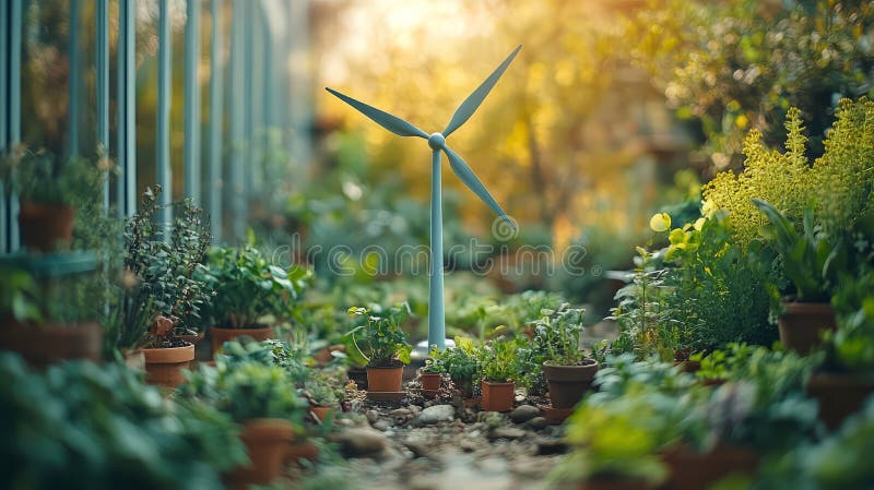 A Modern Wind Turbine Surrounded by Vibrant Plants in a Serene Garden ...
