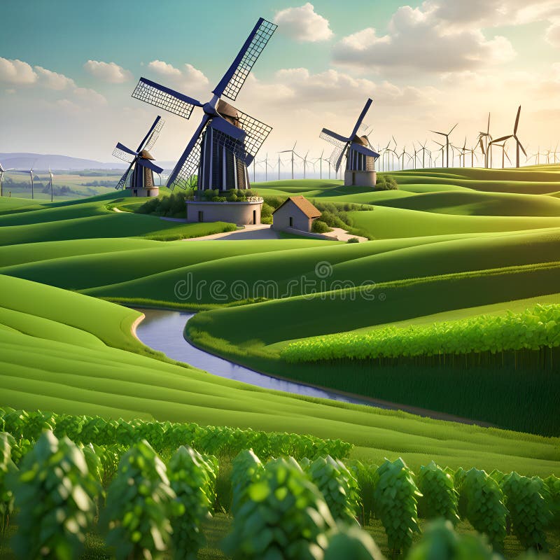Modern Windmills on a Green Field. Clean Electricity Concept Stock ...