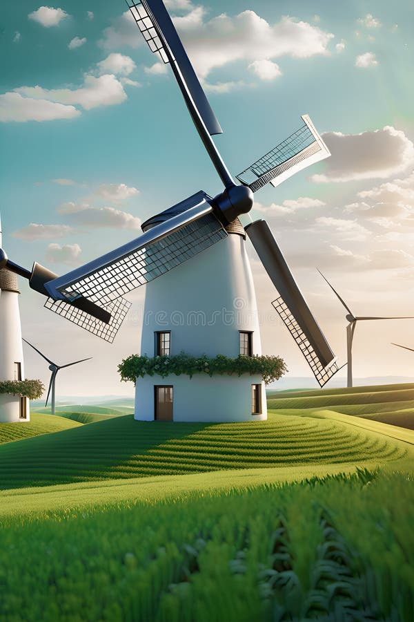 Modern Windmills on a Green Field. Clean Electricity Concept Stock ...