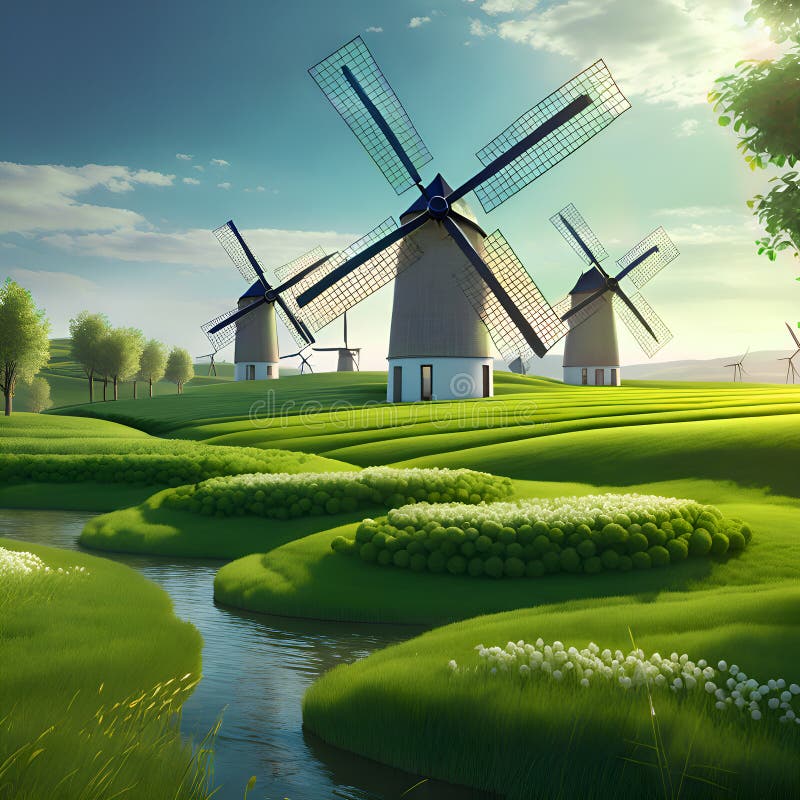 Modern Windmills on a Green Field. Clean Electricity Concept Stock ...