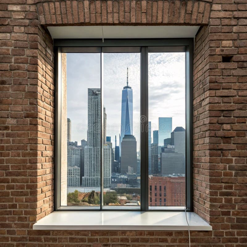 Modern Window with Skyscraper View in Brick Wall Stock Illustration ...