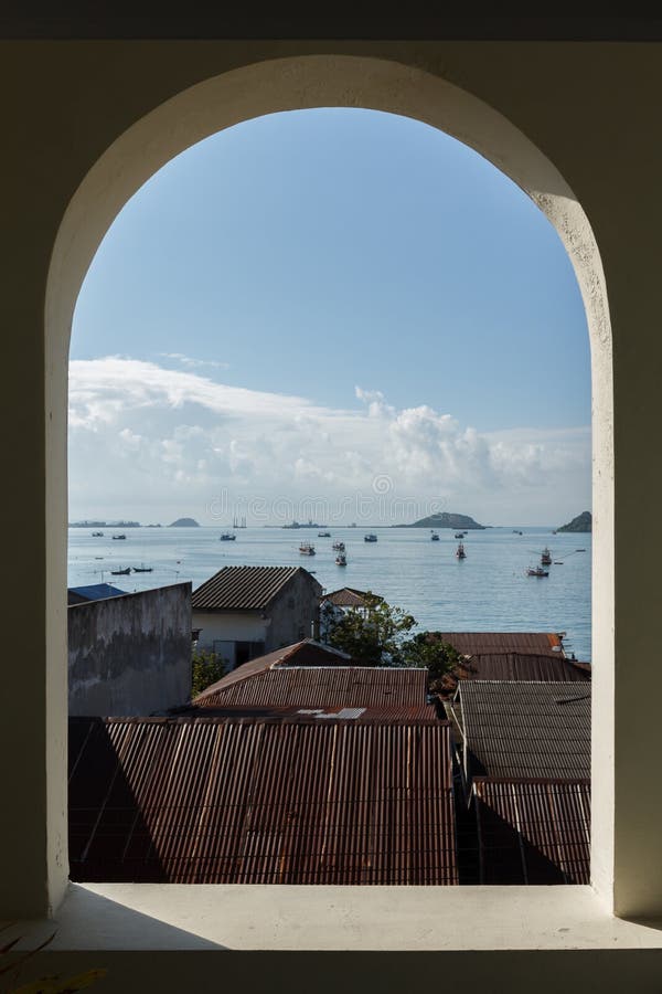 Modern Window with the View of the City and Sea Stock Image - Image of ...