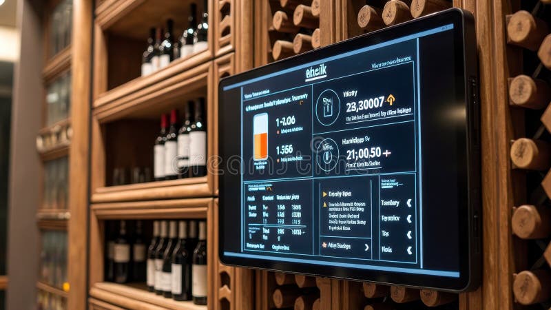 Modern Wine Cellar with Digital Inventory Display and Wooden Racks ...