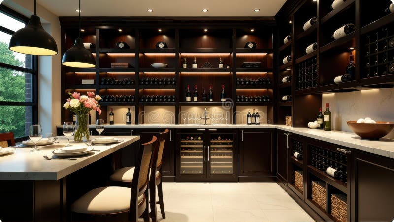 Modern Wine Cellar with Dining Area Stock Illustration - Illustration ...