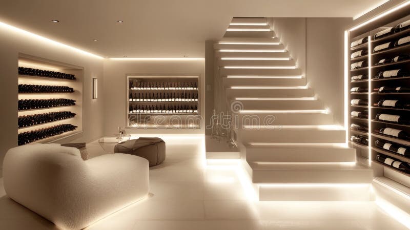 Modern Wine Cellar with White Stairs and Recessed Lighting Stock ...
