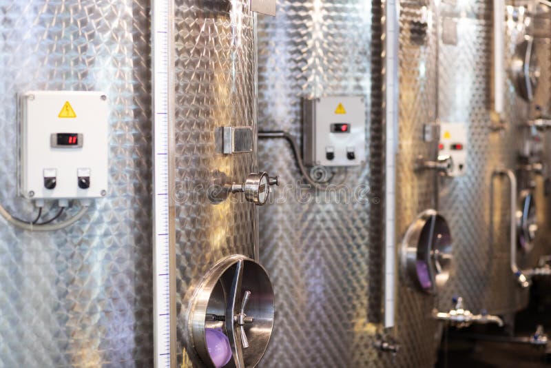 Modern Wine Production, Large Steel Tanks, Fermentation Process ...