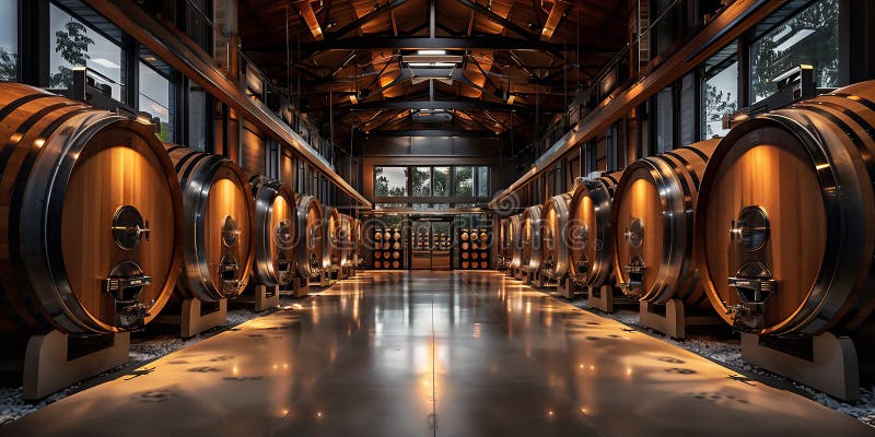 Modern Winery Interior with Rows of Aging Wine Barrels. Wine Production ...