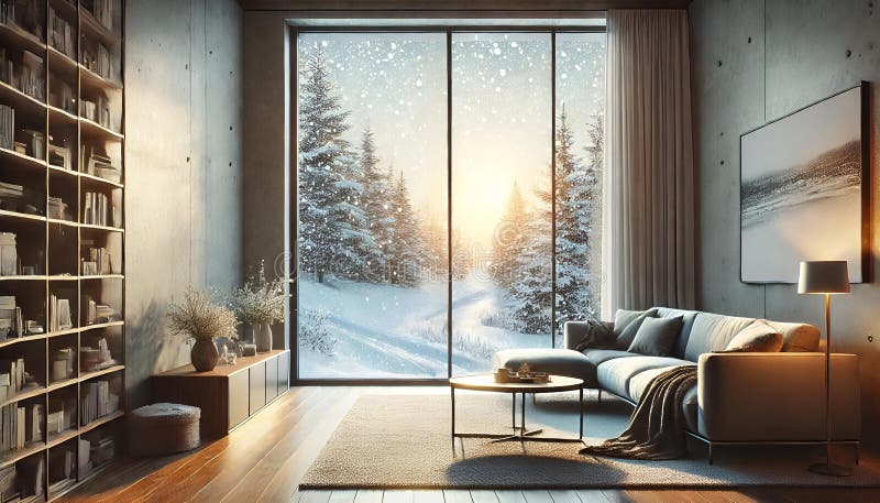 Modern Winter Interior with a Large Scenic Window. Stock Illustration ...