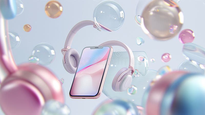 Modern Wireless Headphones and Smartphone Floating among Colorful ...