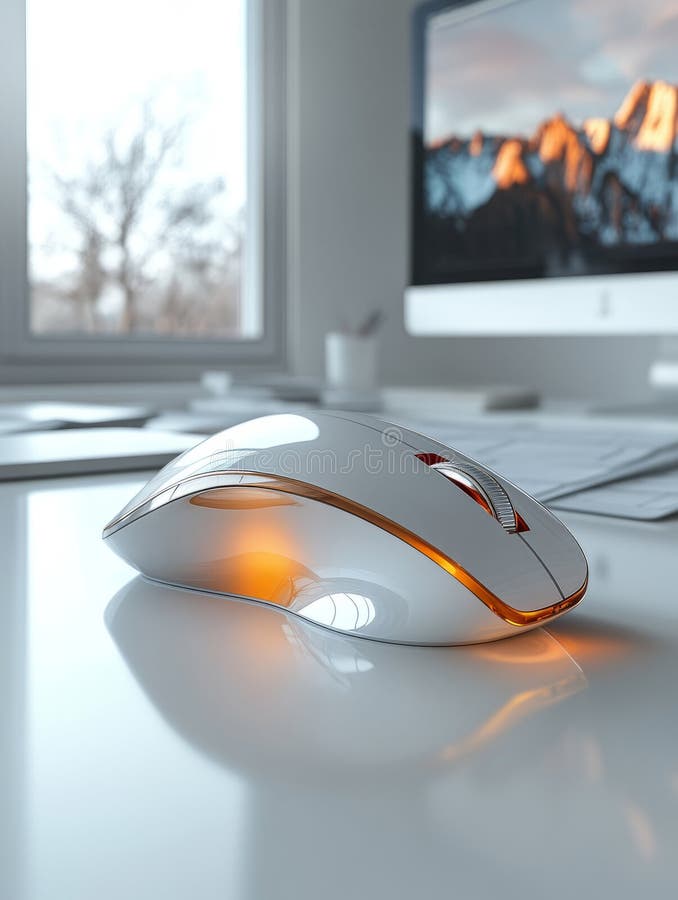 Modern Wireless Mouse on a Sleek Office Desk with Computer. Stock Image ...
