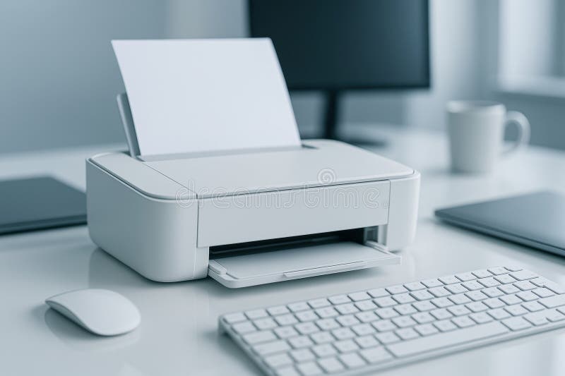 Modern Wireless Printer Producing Documents on White Office Desk beside ...